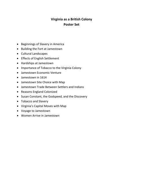 Virginia as a British Colony Poster Set