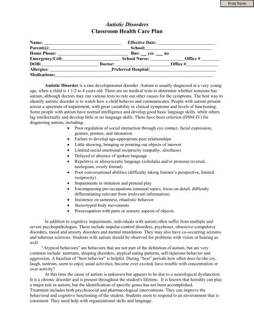 Classroom Health Care Plan