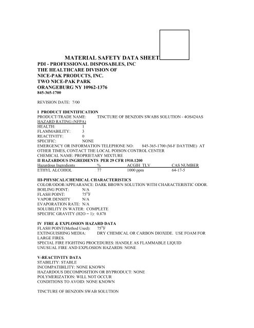 Tincture Of Benzoin Swabsticks Msds