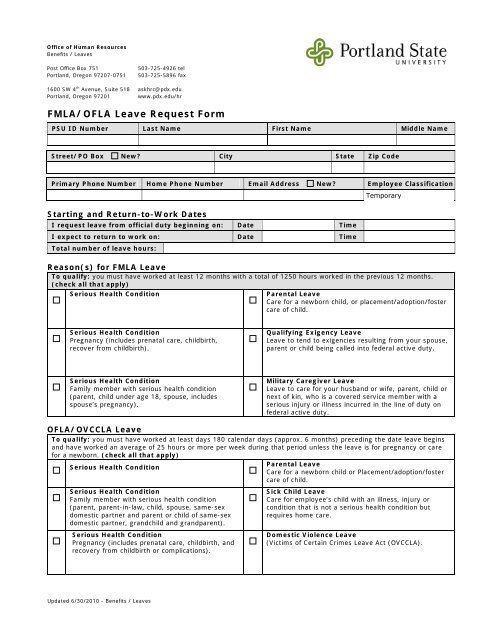 FMLA/OFLA Leave Request Form - Portland State University