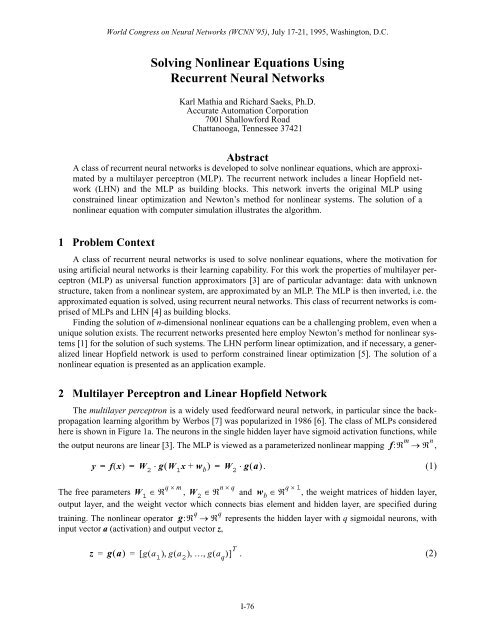 Solving Nonlinear Equations Using Recurrent Neural Networks