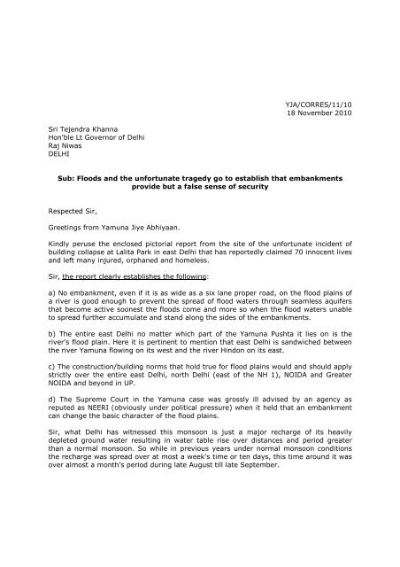 Letter to Hon'ble LG of Delhi - Reg. Floods and the unfortunate ...