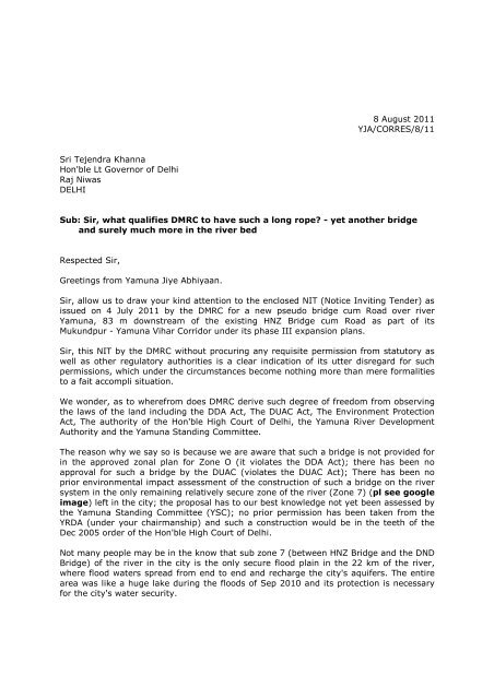 Letter to Hon'ble LG of Delhi (Reg. DMRC Line thru River Yamuna ...