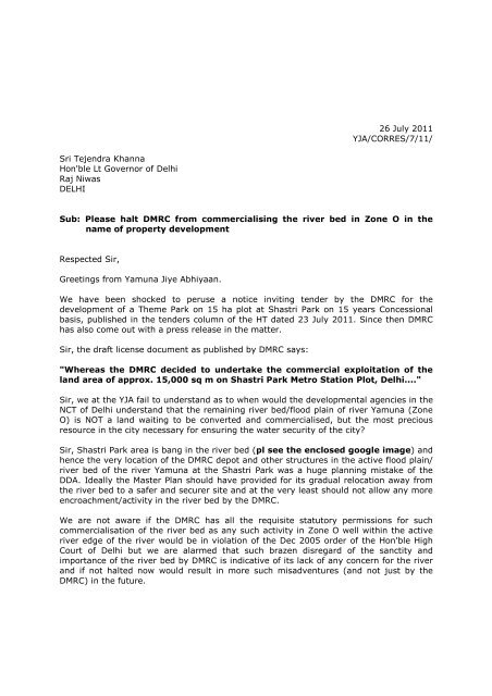 Letter to Hon'ble LG of Delhi (Reg. DMRC's plan for Theme Park in ...