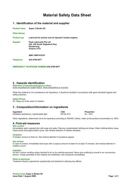 Material Safety Data Sheet - PEAK OIL