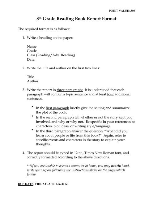 8th Grade Reading Book Report Format