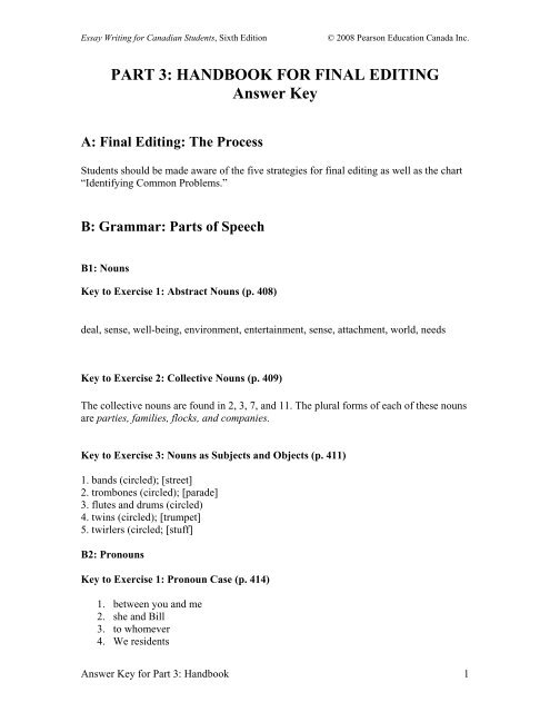 HANDBOOK FOR FINAL EDITING Answer Key - Pearson Canada