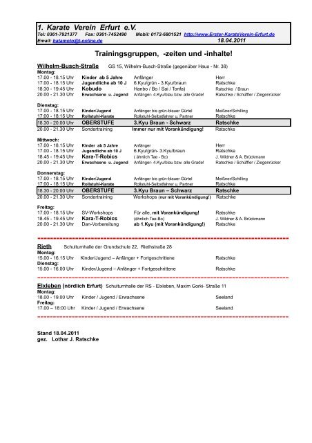 Trainingsplan im 1. Karate Verein Erfurt e.V.