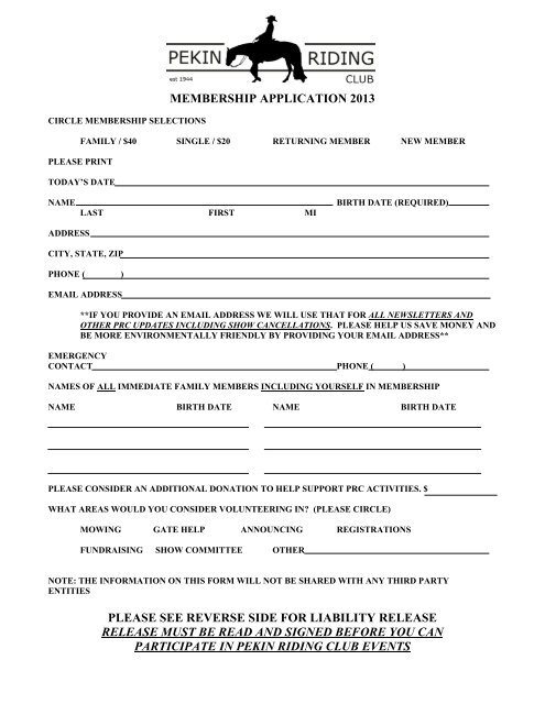 2013 Membership Form (PDF) - Pekin Riding Club