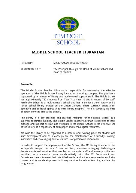 MIDDLE SCHOOL TEACHER LIBRARIAN - Pembroke School