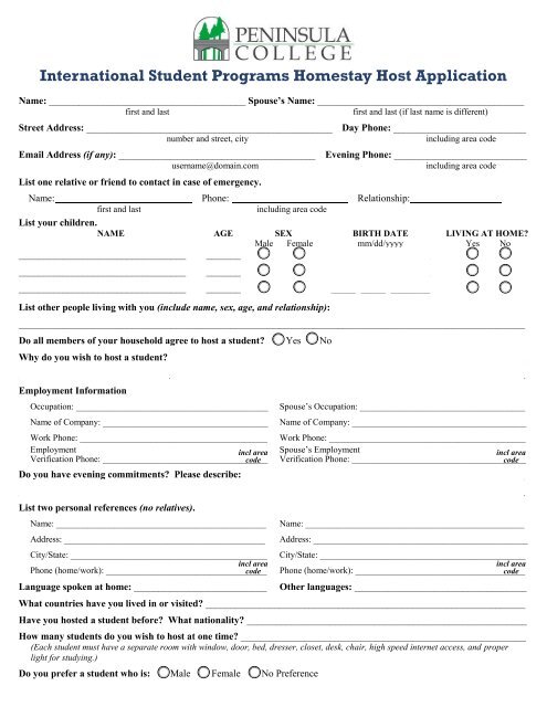 Homestay Host Application - Peninsula College