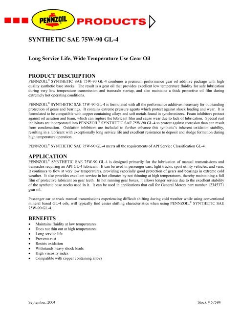 Synthetic sae 75w-90 gl-4 - Pennzoil