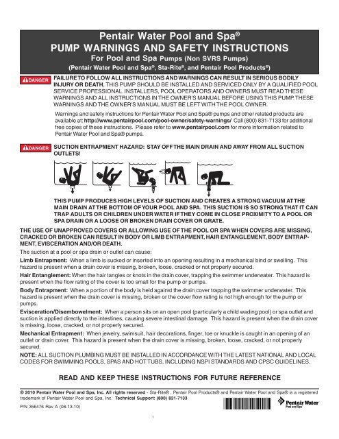 Pump Warnings & Safety Instructions - Pentair