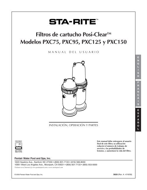Filtros de cartucho Posi-ClearTM Modelos PXC75, PXC95 ... - Pentair