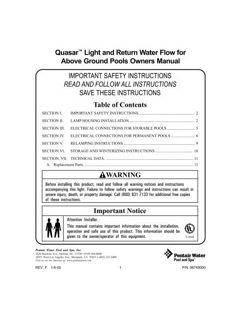 Quasar™ Light and Return Water Flow for Above Ground ... - Pentair
