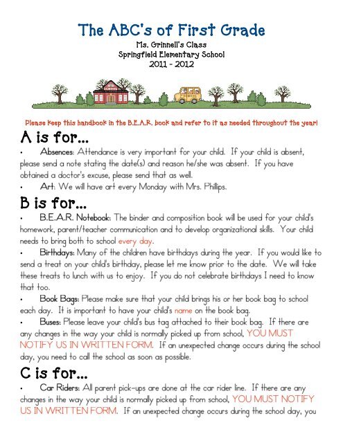 ABC's of First Grade - Springfield Elementary School