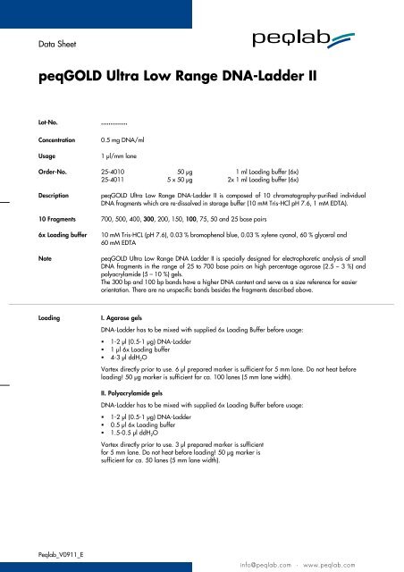 peqGOLD Ultra Low Range DNA-Ladder II - Peqlab