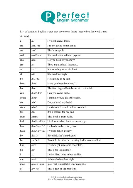 Strong And Weak Forms Of Words In English