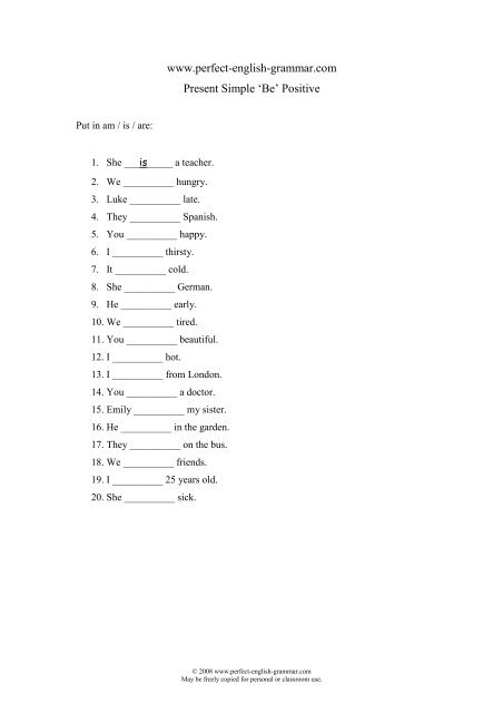 www.perfect-english-grammar.com Present Simple 'Be' Positive