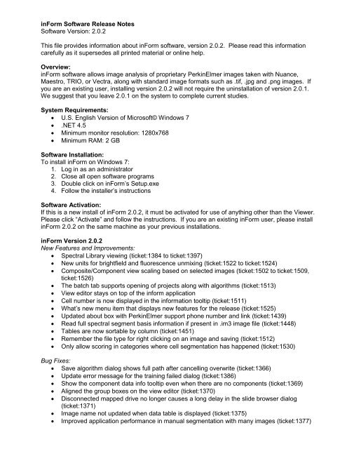 inForm Software Release Notes Software Version: 2.0 ... - PerkinElmer
