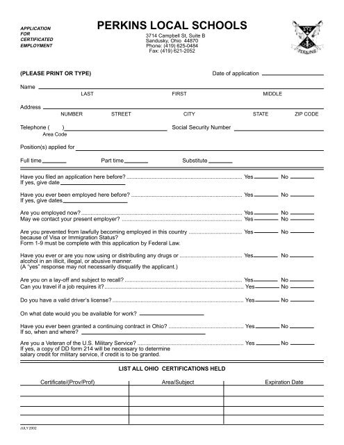 Application for Employment - Perkins Local Schools