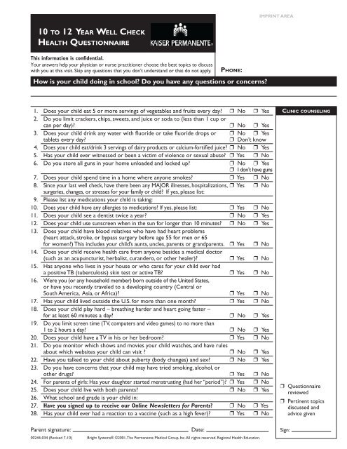 10 to 12 year well check health questionnaire - permanente.net