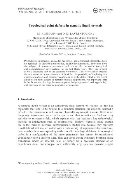 Topological point defects in nematic liquid crystals - Personal.kent ...