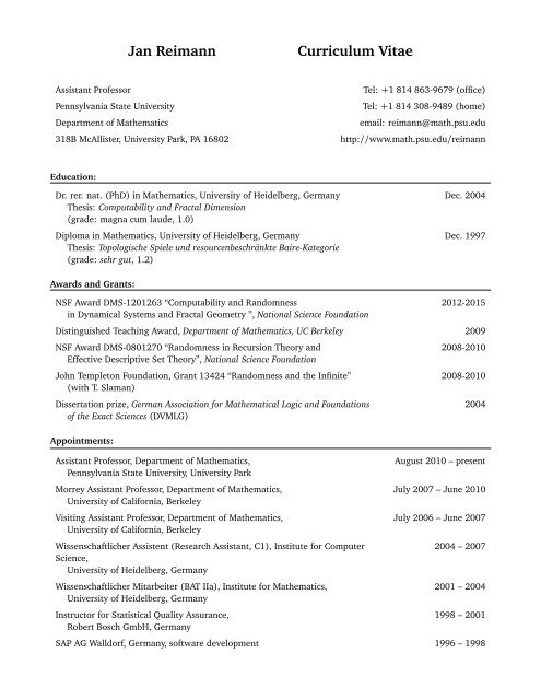 Jan Reimann Curriculum Vitae - Penn State Personal Web Server