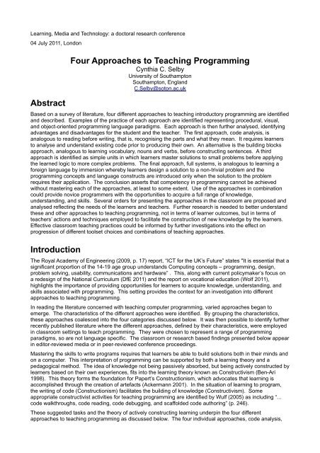 Four Approaches to Teaching Programming - University of ...