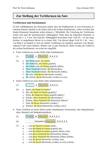 Zur Stellung der Verbformen im Satz