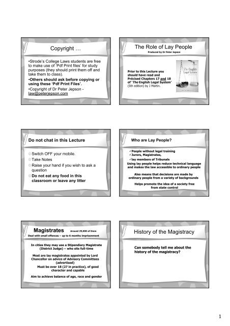The Law and the role of Lay People - Dr Peter Jepson