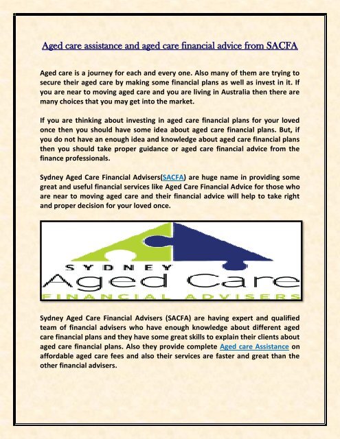 Aged care assistance and aged care financial advice from SACFA