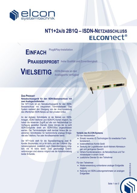 NT1+2A/B 2B1Q–ISDN-NETZABSCHLUSS ... - Elcon Systemtechnik