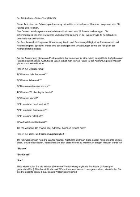 Der Mini-Mental-Status-Test (MMST) Dieser Test dient ... - Pflegeportal