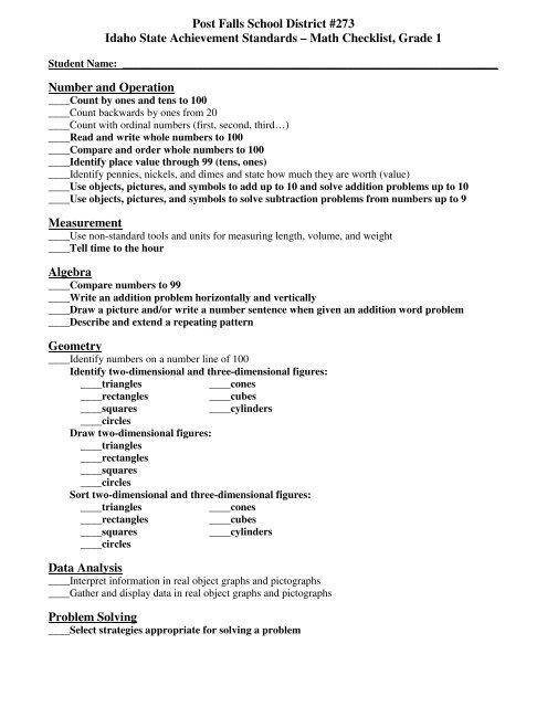 Math Checklist Grade 1 - Post Falls School District