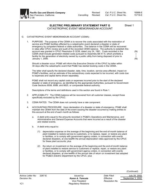 ELECTRIC PRELIMINARY STATEMENT PART G Sheet 1 ...