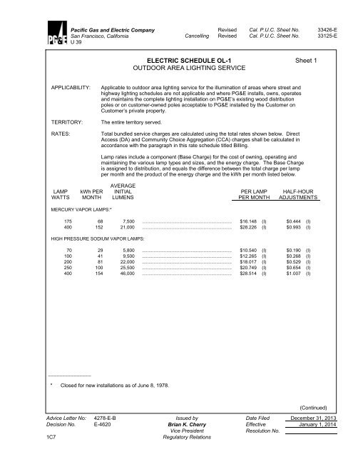 ELECTRIC SCHEDULE OL-1 Sheet 1 OUTDOOR AREA LIGHTING ...