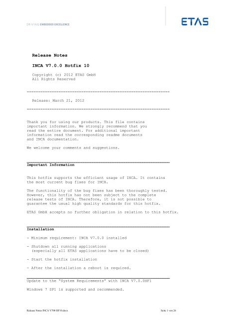 INCA V7.0.0 Hotfix - Etas