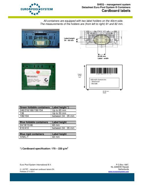 Cardboard labels - Euro Pool System