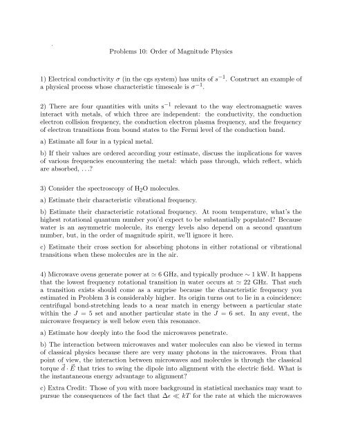 Problems 10: Order of Magnitude Physics 1) Electrical conductivity Ï ...