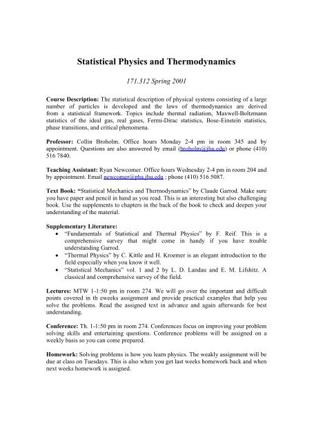 Statistical Physics and Thermodynamics