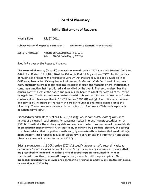 Initial Statement of Reasons - Board of Pharmacy