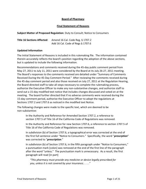 Board of Pharmacy Final Statement of Reasons Subject Matter of ...