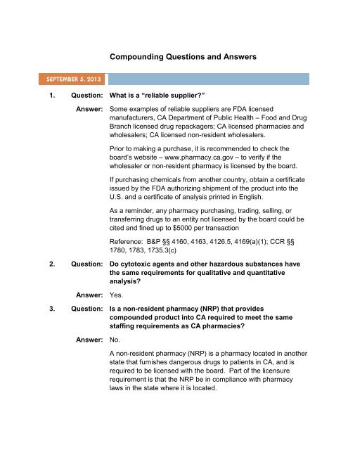 Compounding Questions and Answers - Board of Pharmacy