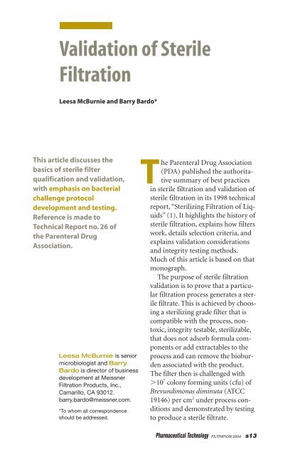 Validation of Sterile Filtration - Pharmaceutical Technology