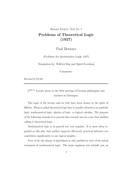 Problems of Theoretical Logic (1927) Paul Bernays