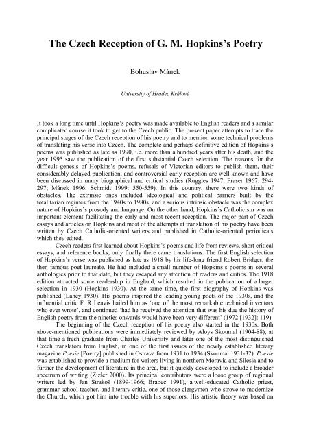 The Czech Reception of G. M. Hopkins's Poetry