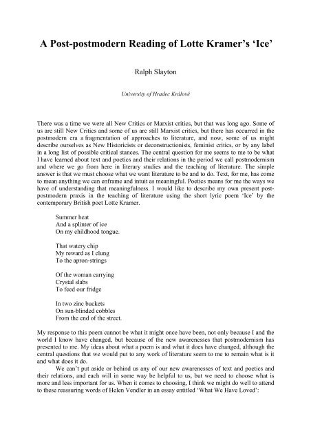 Ralph Slayton: A Post-postmodern Reading of Lotte Kramer's 'Ice'
