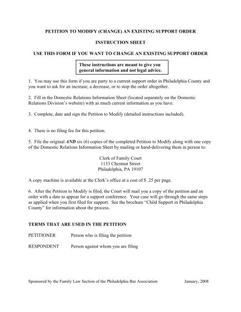 Petition to Modify Existing Support Order - The Philadelphia Courts