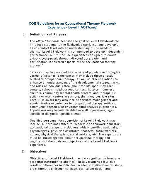 COE Guidelines for an Occupational Therapy Fieldwork Experience ...